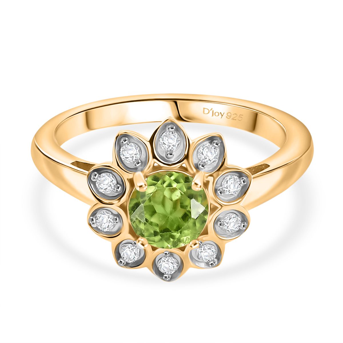 D'Joy Natürlicher Peridot, Weißer Zirkon Ring 925 Silber vergoldet ...
