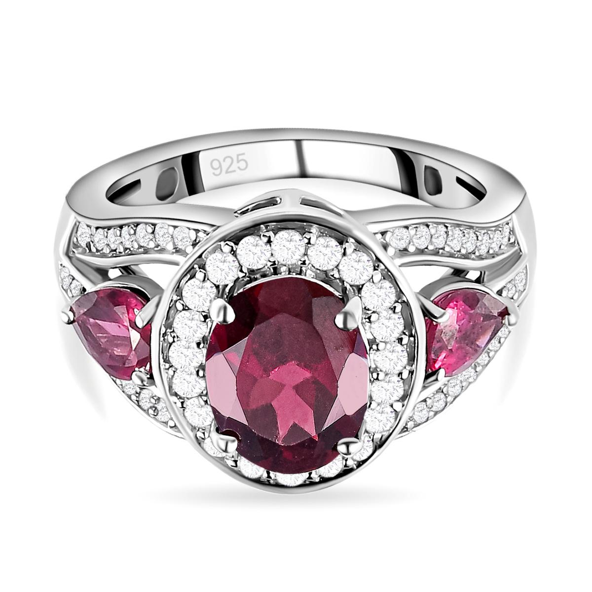 Rhodolith Granat und Zirkon-Halo-Ring, 925 Silber platiniert, 3,38 ct ...