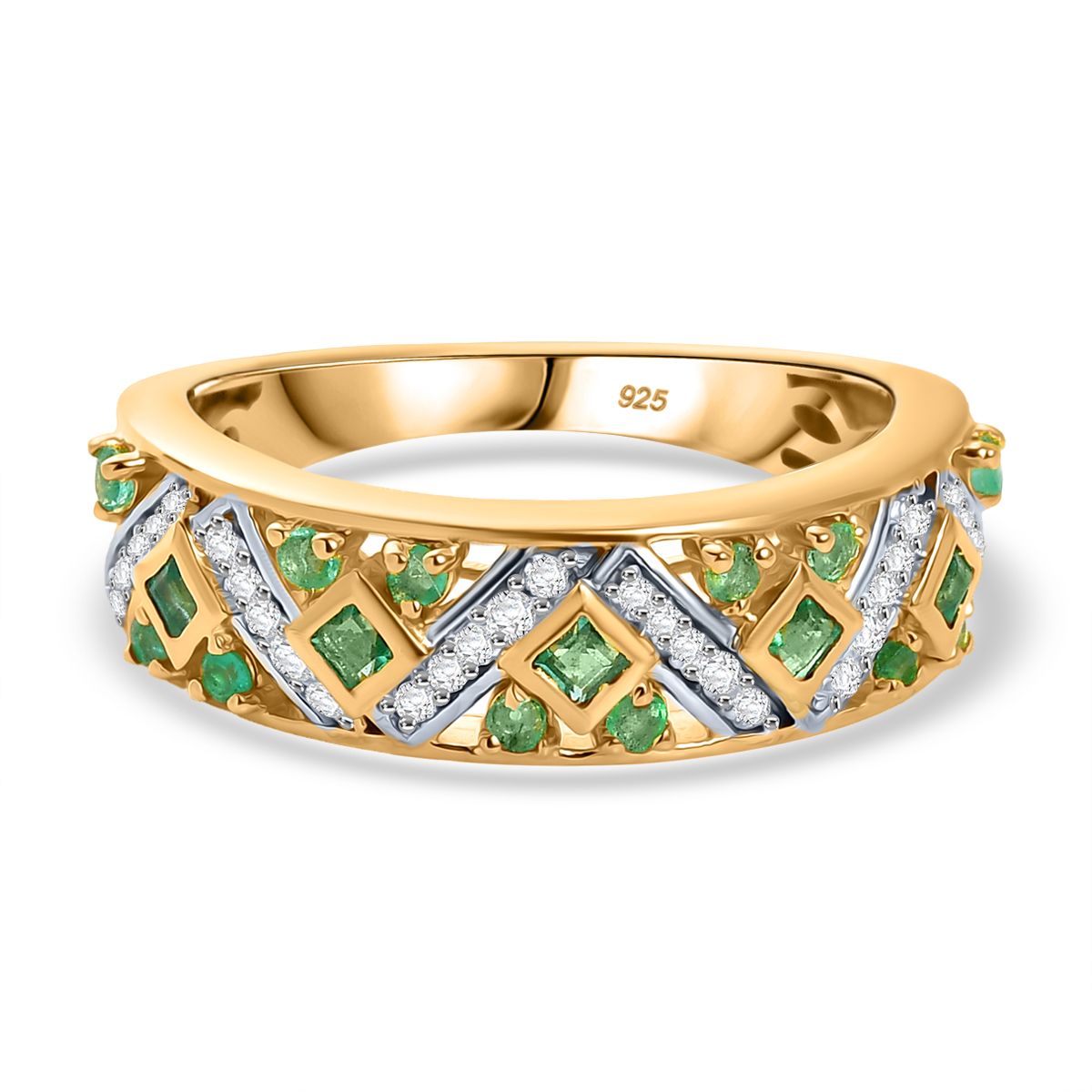 Gemfields Kagem Sambischer Smaragd Ring 925 Silber 750 Gelb Vergoldet (Größe 18.00) ca. 0.58 ct ...