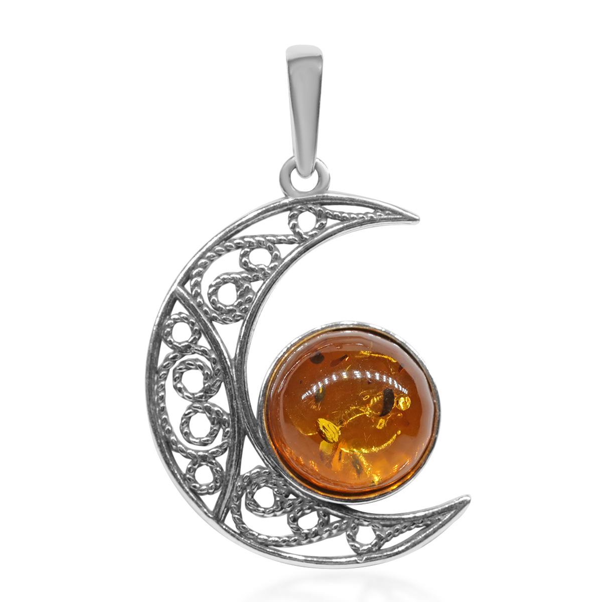 Natürlicher, baltischer Bernstein Mond-Anhänger, 925 Silber ca. 1.00 ct ...