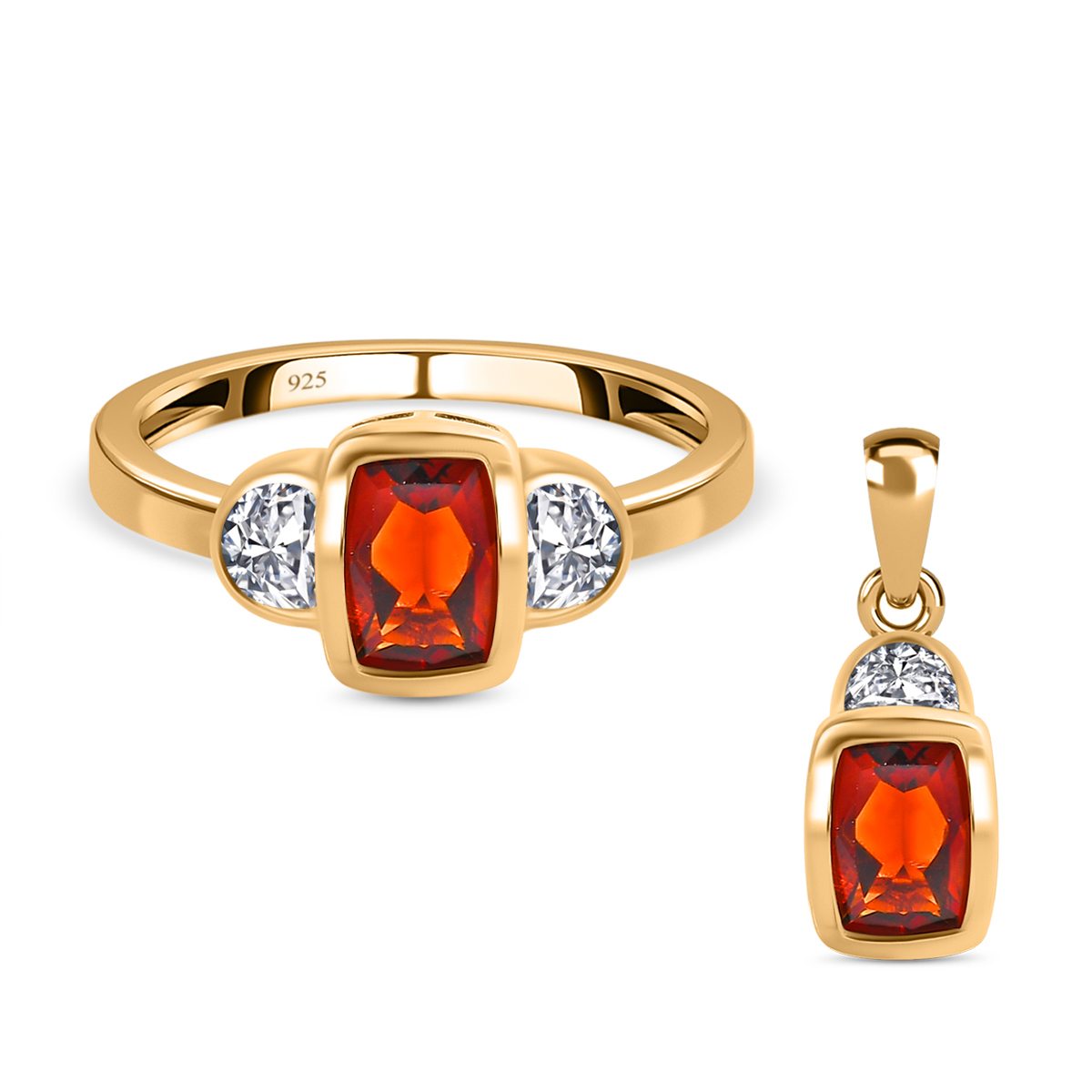 2er Set, Kirsch Citrin Ring und Anhänger, 925 Silber vergoldet ca. 2.29 ...