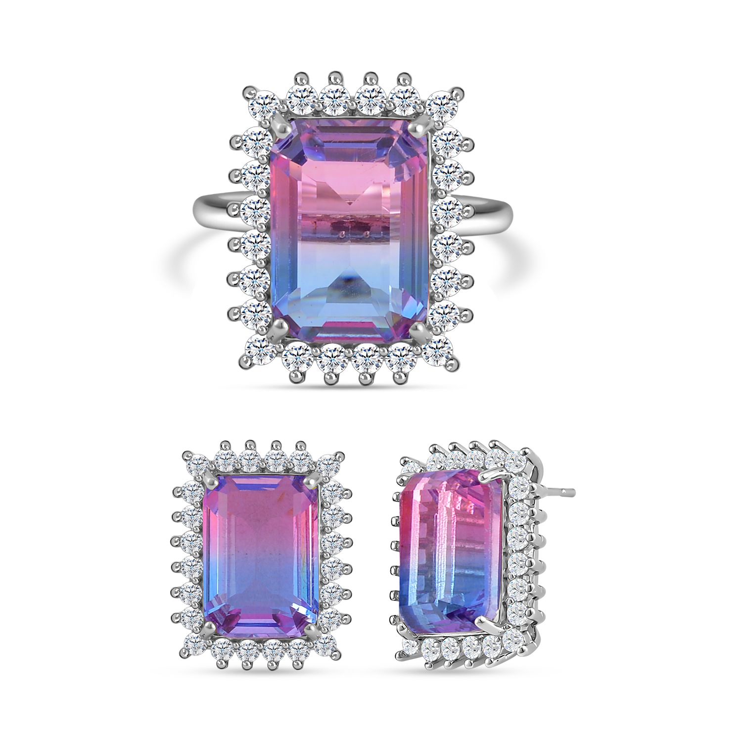 2er Set - Rosa Turmalin Glas, weißer Zirkonia Ring und Ohrringe Set ...
